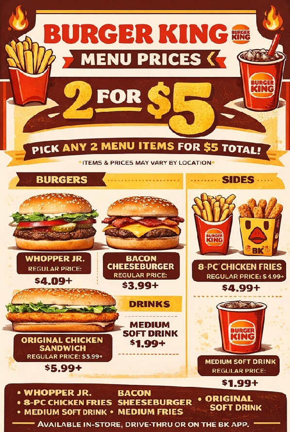 Burger King Menu Prices 2 For $5 | Updated Deal, Items & Value Guide